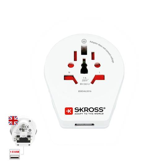 World plug to UK adapter with USB port Skross 1500267 - Cablematic